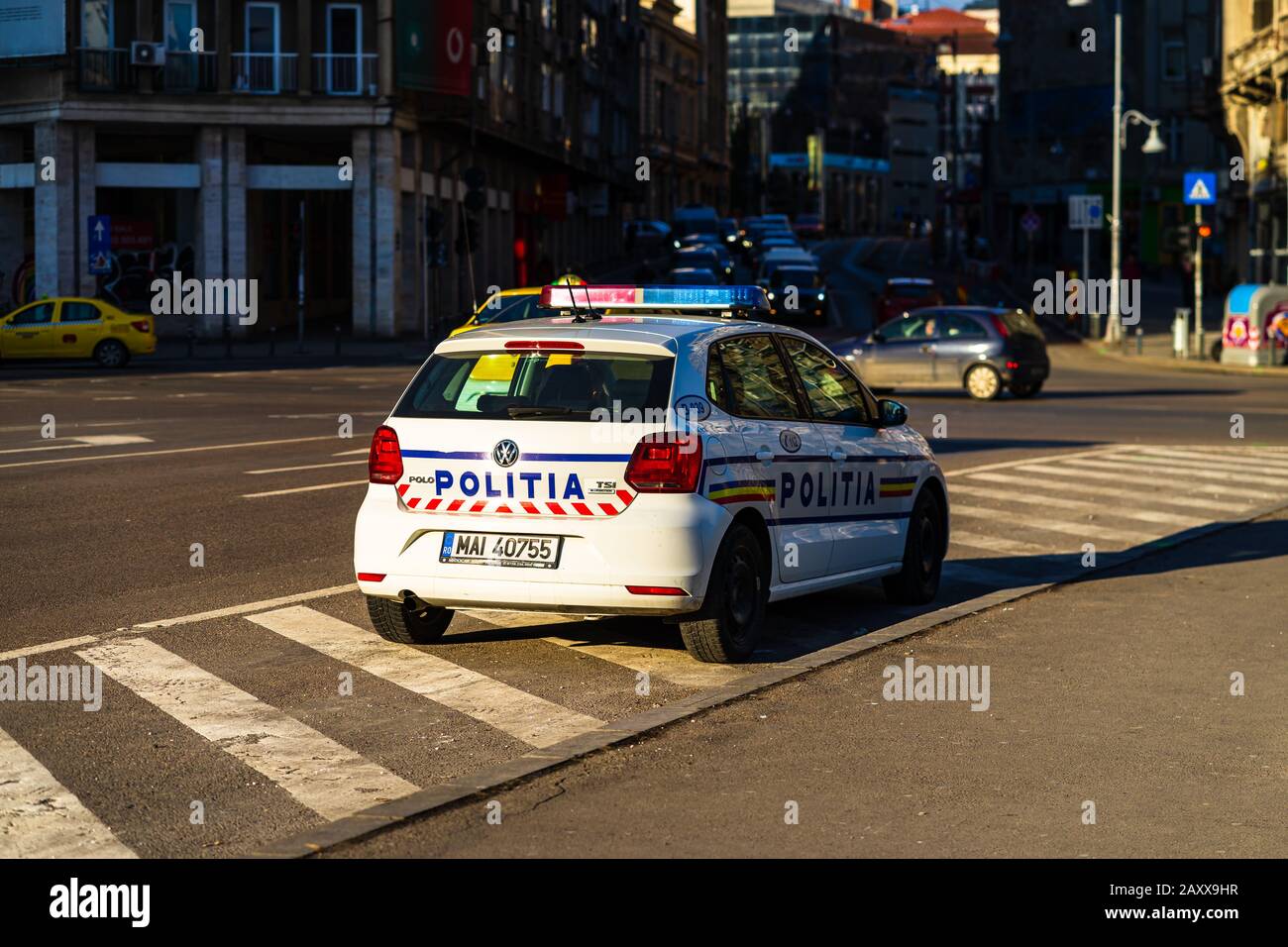 Police car (Politia Rutiera) parked in a junction in downtown Bucharest ...
