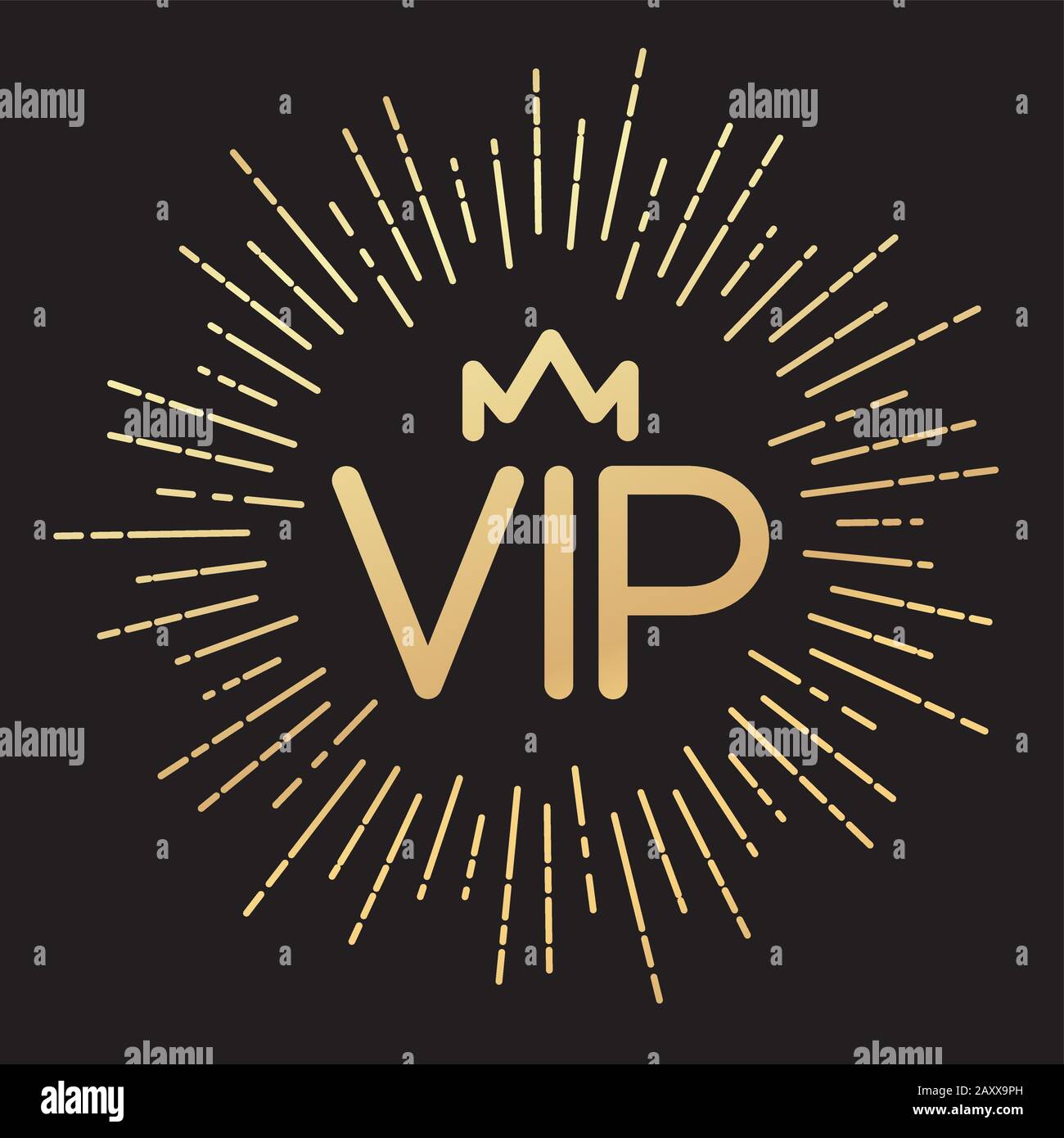 Round VIP gold vector emblem with sunburst and crown on a black ...