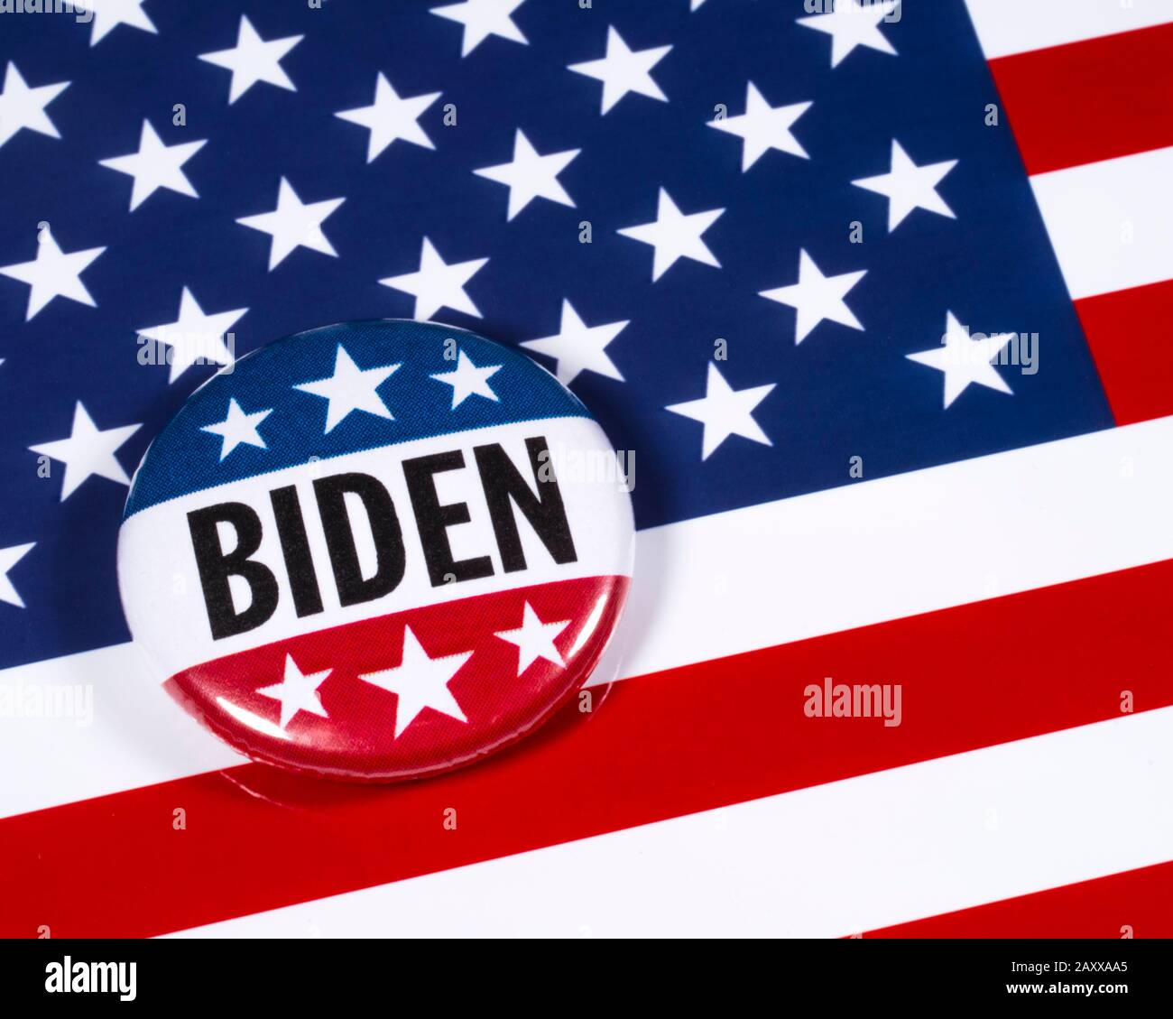 London, UK - February 10th 2020: A Joe Biden pin badge pictured over ...