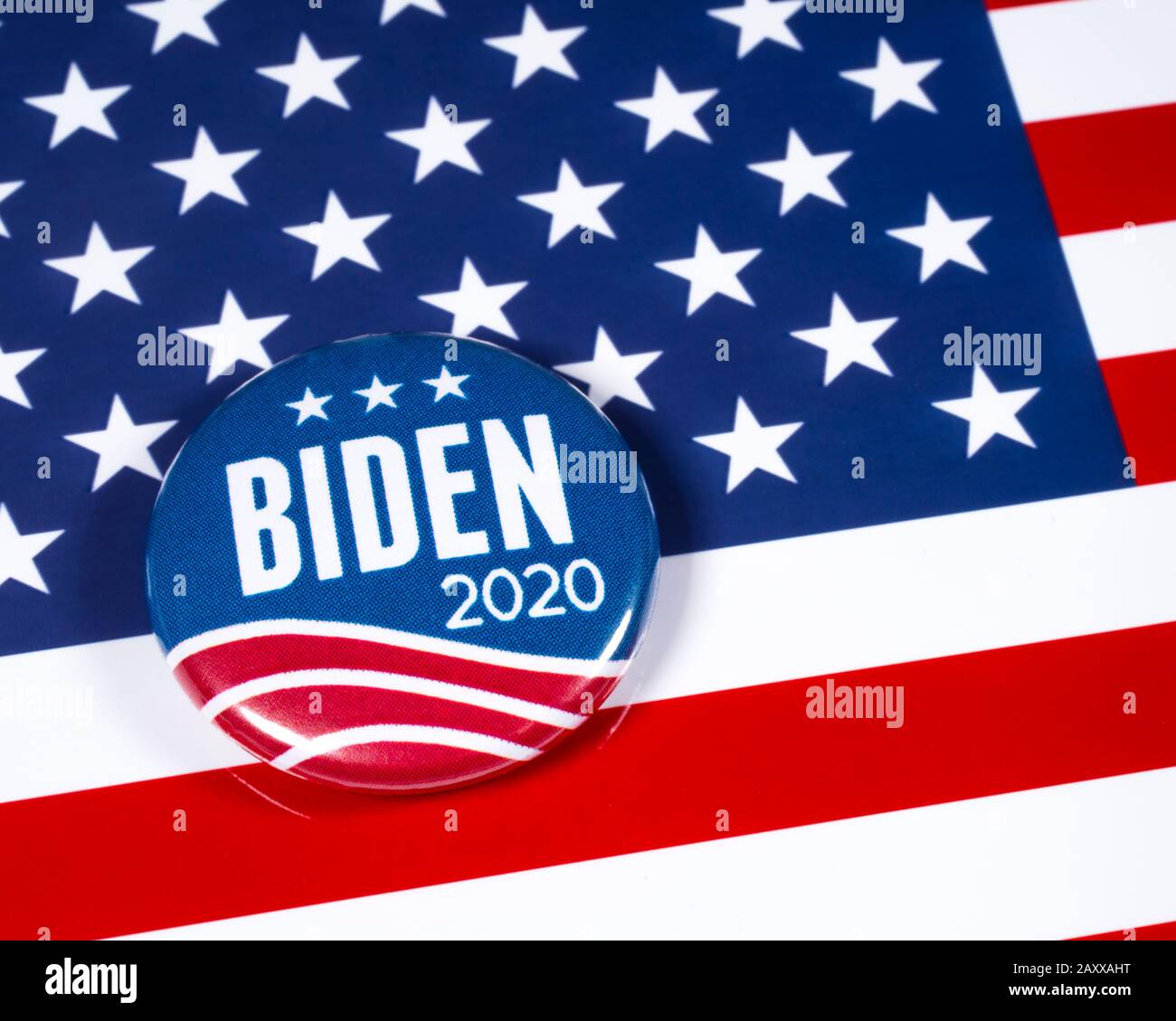 London, UK - February 10th 2020: A Joe Biden pin badge pictured over ...
