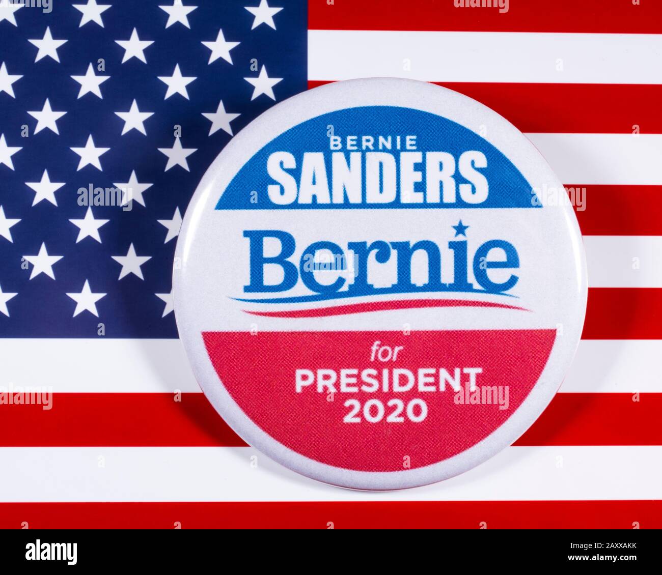 London, UK - February 10th 2020: A Bernie Sanders 2020 pin badge ...