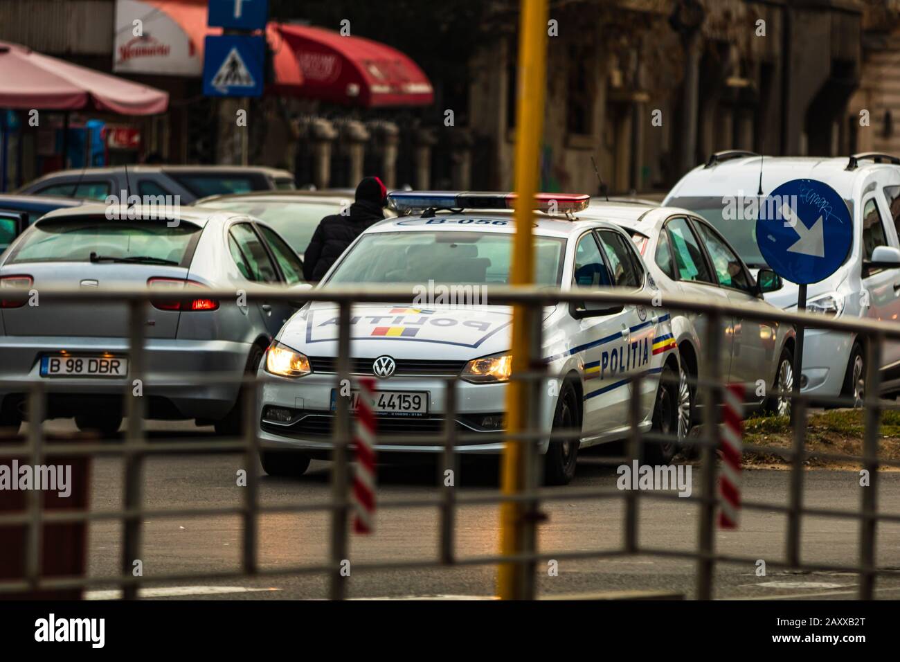 Police car (Politia Rutiera) parked in a junction in downtown Bucharest ...