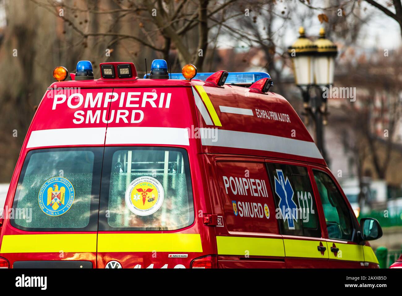 SMURD (Pompierii SMURD) ambulance car on duty, in the traffic jam of ...