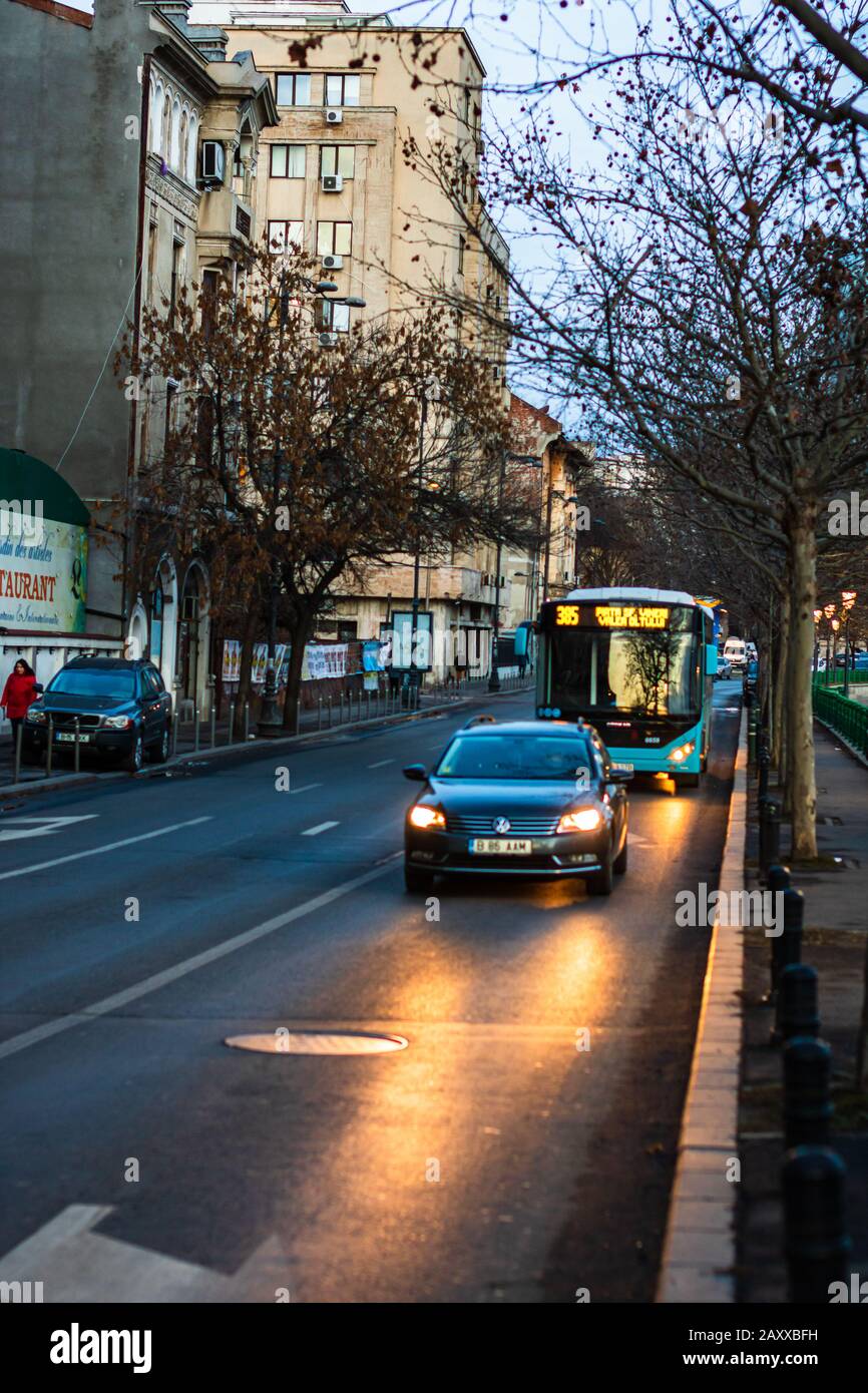 Car traffic at rush hour in downtown area of the city. Car pollution ...