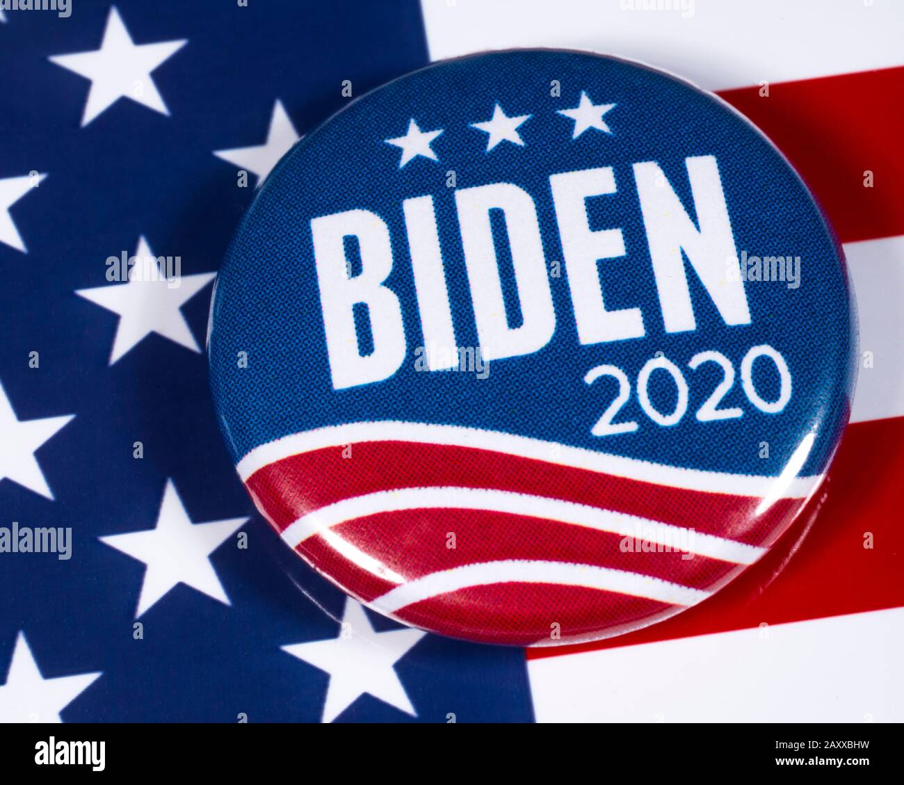London, UK - February 10th 2020: A Joe Biden 2020 pin badge pictured ...