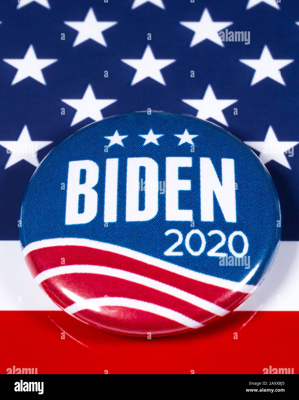 London, UK - February 10th 2020: A Joe Biden 2020 pin badge pictured ...