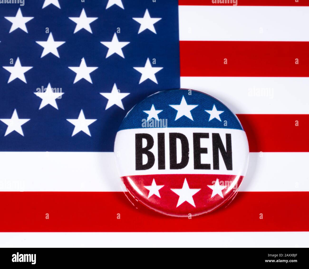 London, UK - February 10th 2020: A Joe Biden pin badge pictured over ...