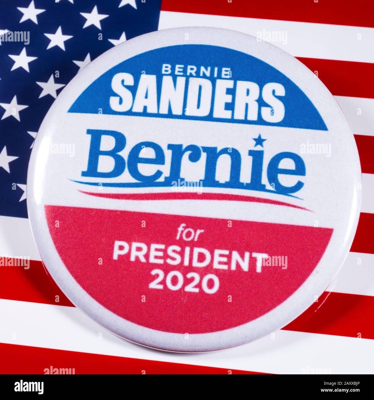 London, UK - February 10th 2020: A Bernie Sanders 2020 pin badge ...