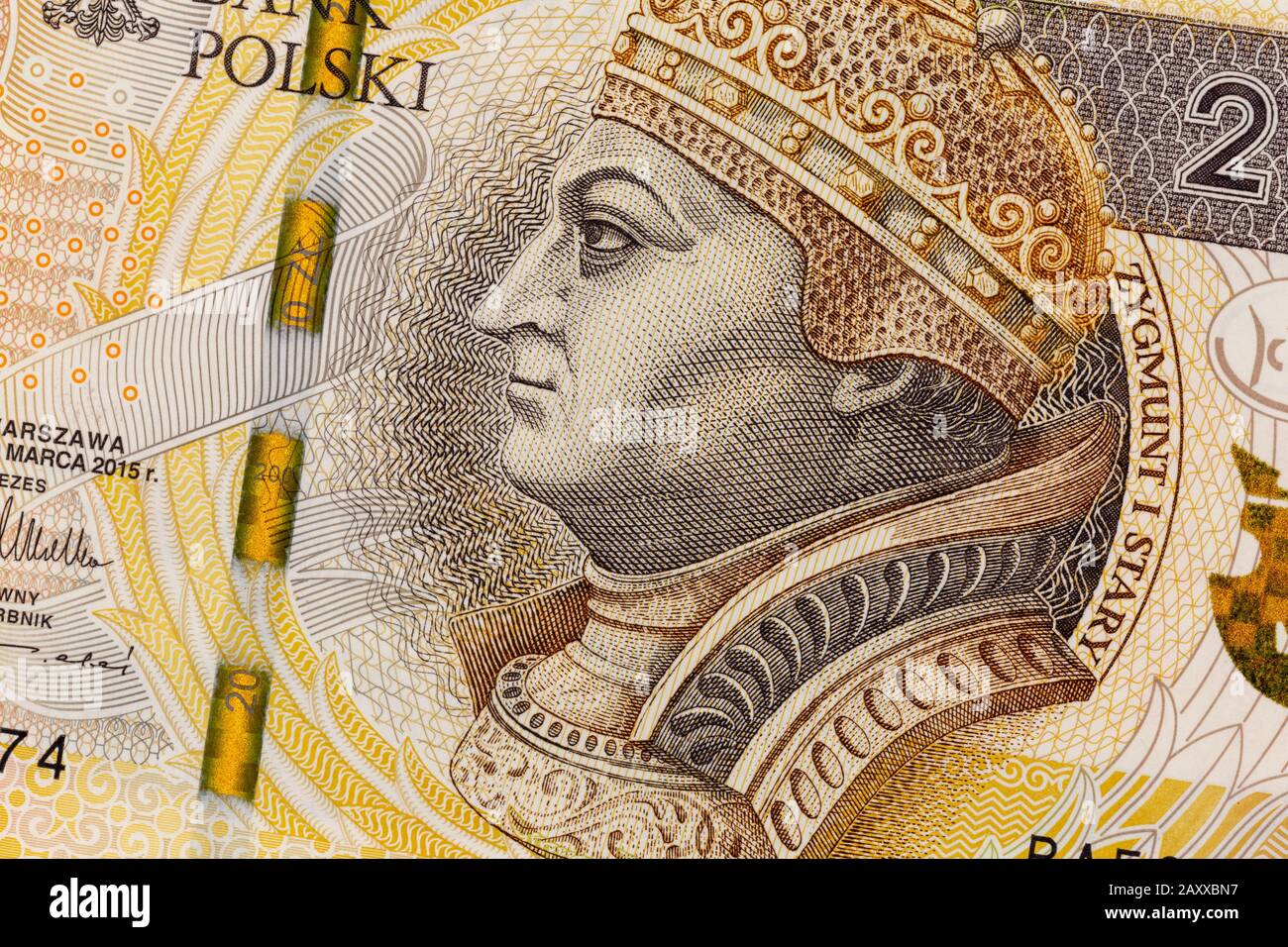 Polish currency money bill two hundred zloty. Macro crop portrait of ...