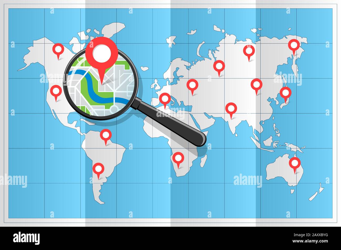 Magnifying glass over folded world map searching destination place for ...