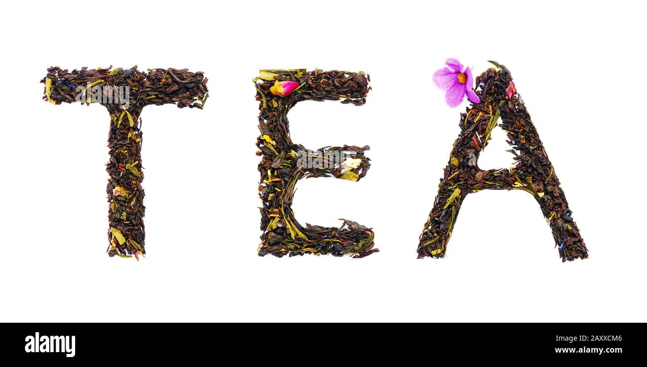 word tea from dry leaves isolated on white background Stock Photo - Alamy