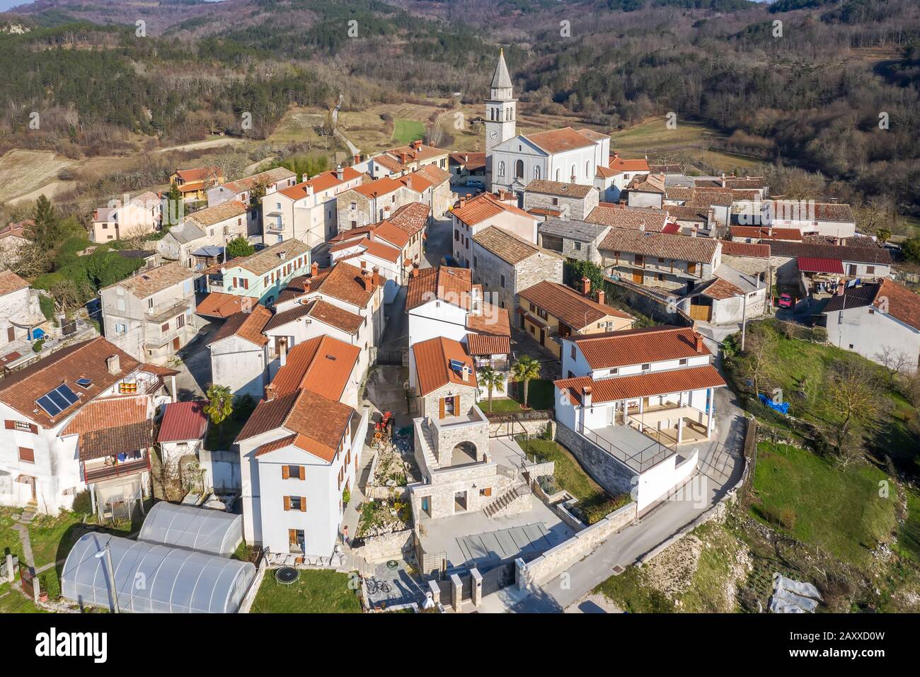 an aerial shot of Beram, small picturesque village in Istria, Croatia ...