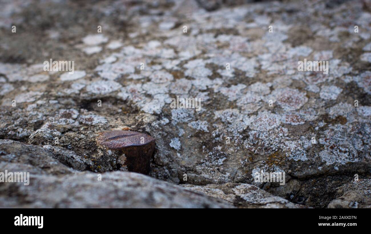 A very old rusty bolt in a stone with some moss Stock Photo - Alamy