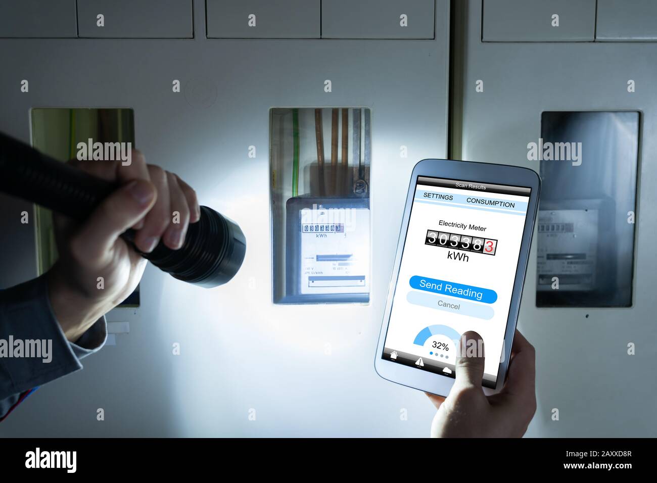 Close-up Of A Man's Hand Holding Mobile Phone Showing Electric Meter ...