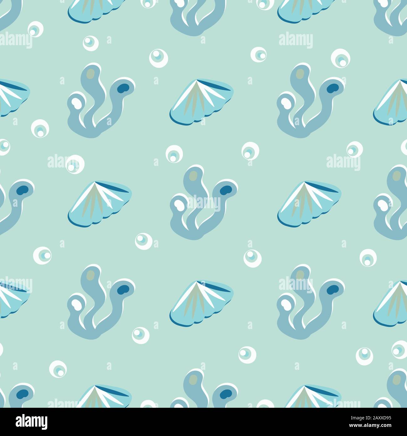 blue seashells seaweed and bubbles seamless vector pattern Stock Vector ...