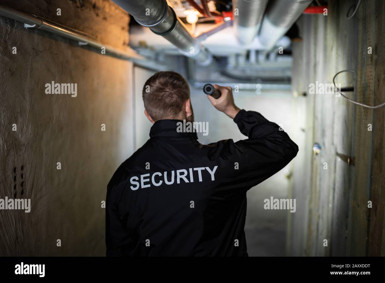 Rear View Of A Security Guard Standing In The Basement Holding ...