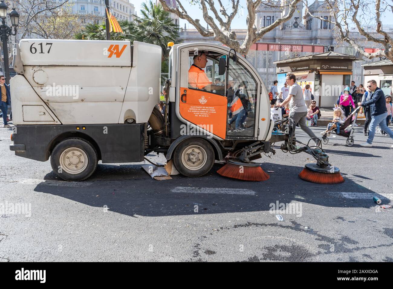 Valencia, Spain, March 20, 2019:Street cleaning machine. Sweeping the ...