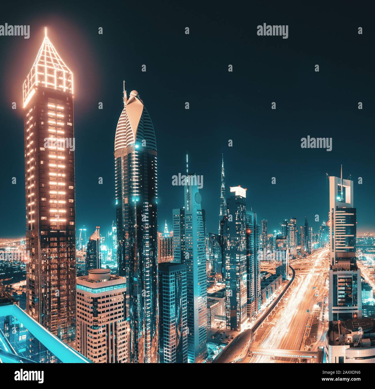 Night view of the spectacular landscape of Dubai with high-rises and ...