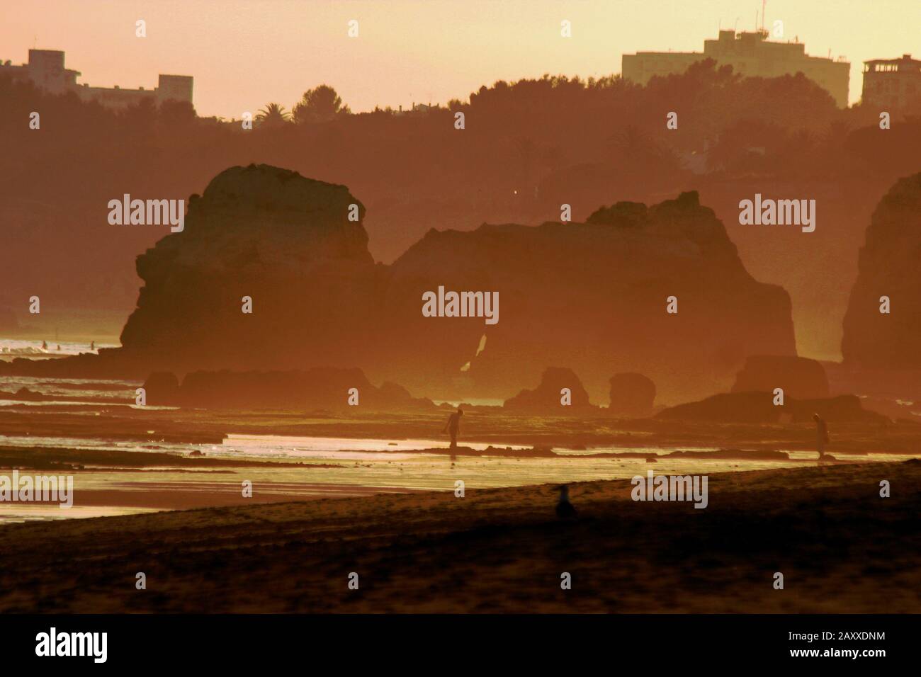 The sunset turns the shiny beach, the rocks and shadows brown. Evening ...