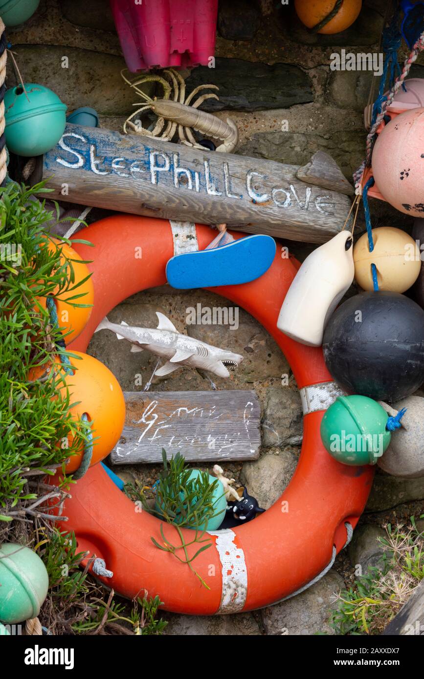 old plastic fishing floats, equipment and nets with wires and ropes at ...