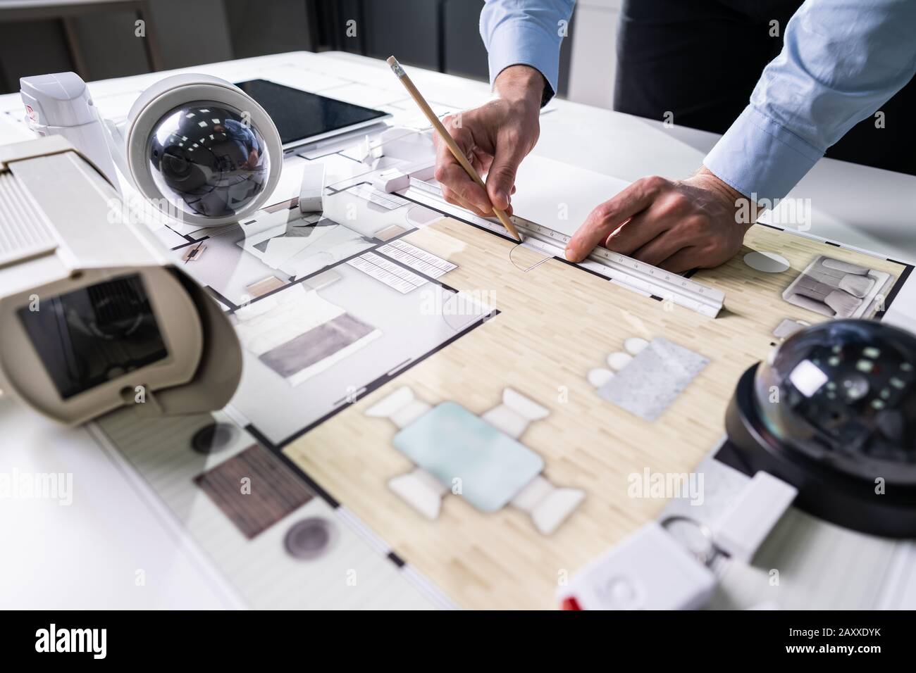 Close-up Of An Architect's Hand Drawing Blueprint With Security ...