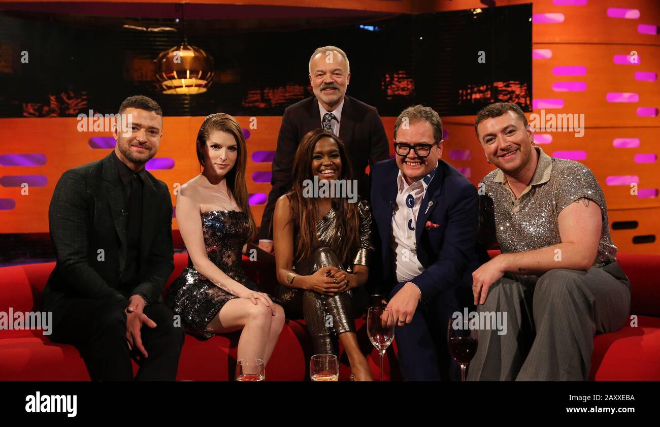 Host Graham Norton (rear) with (front left to right) Justin Timberlake ...