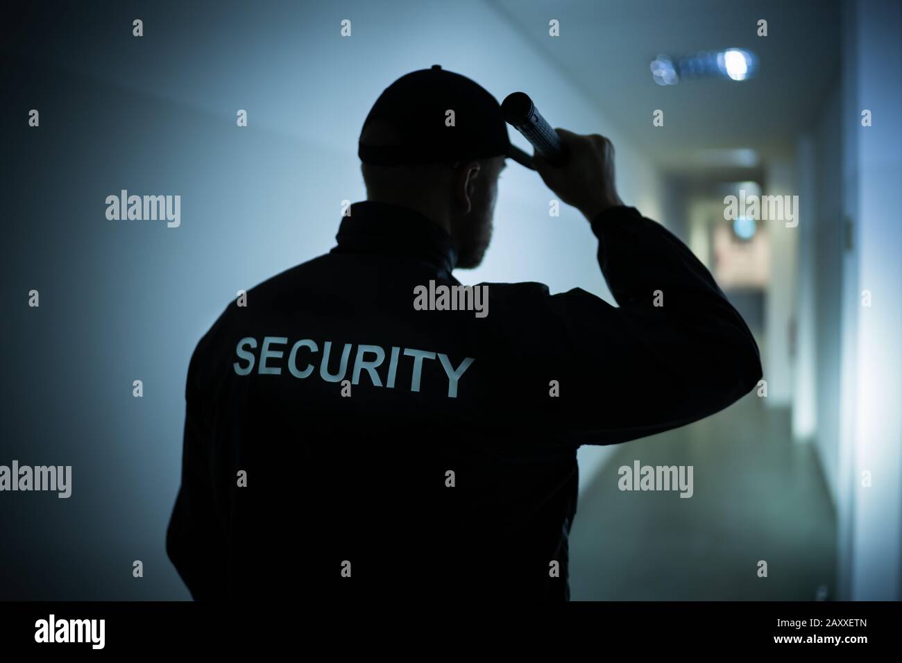 Rear View Of Security Guard With Flashlight In Building Corridor Stock ...