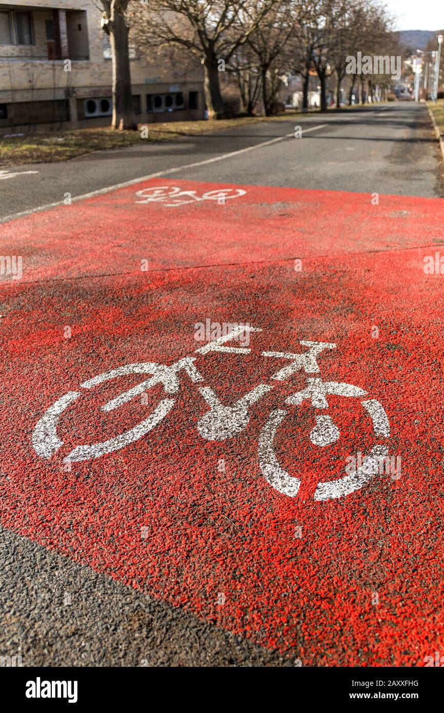 Marking of cycle path on asphalt road - city of Brno Czech Republic ...