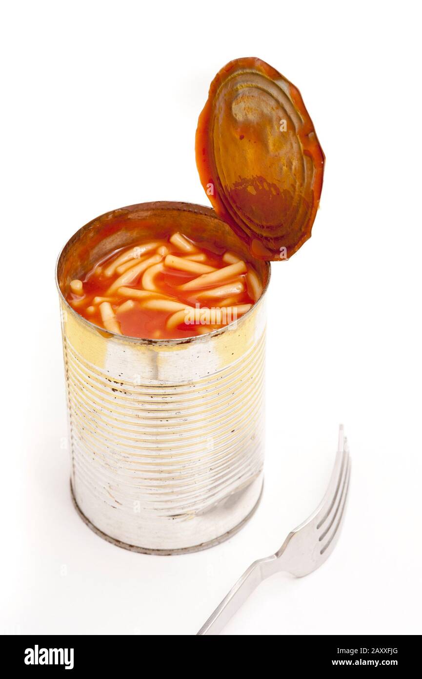 High angle view of an open tin of spaghetti or noodles in tomato sauce ...
