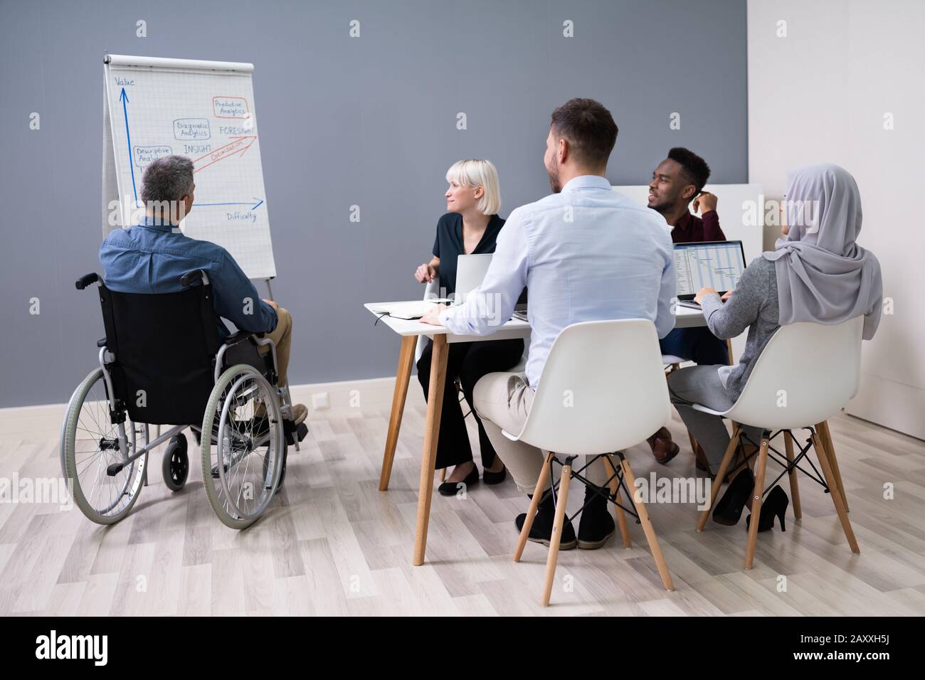 Disabled Mature Businessman Giving Presentation To His Colleagues Stock ...