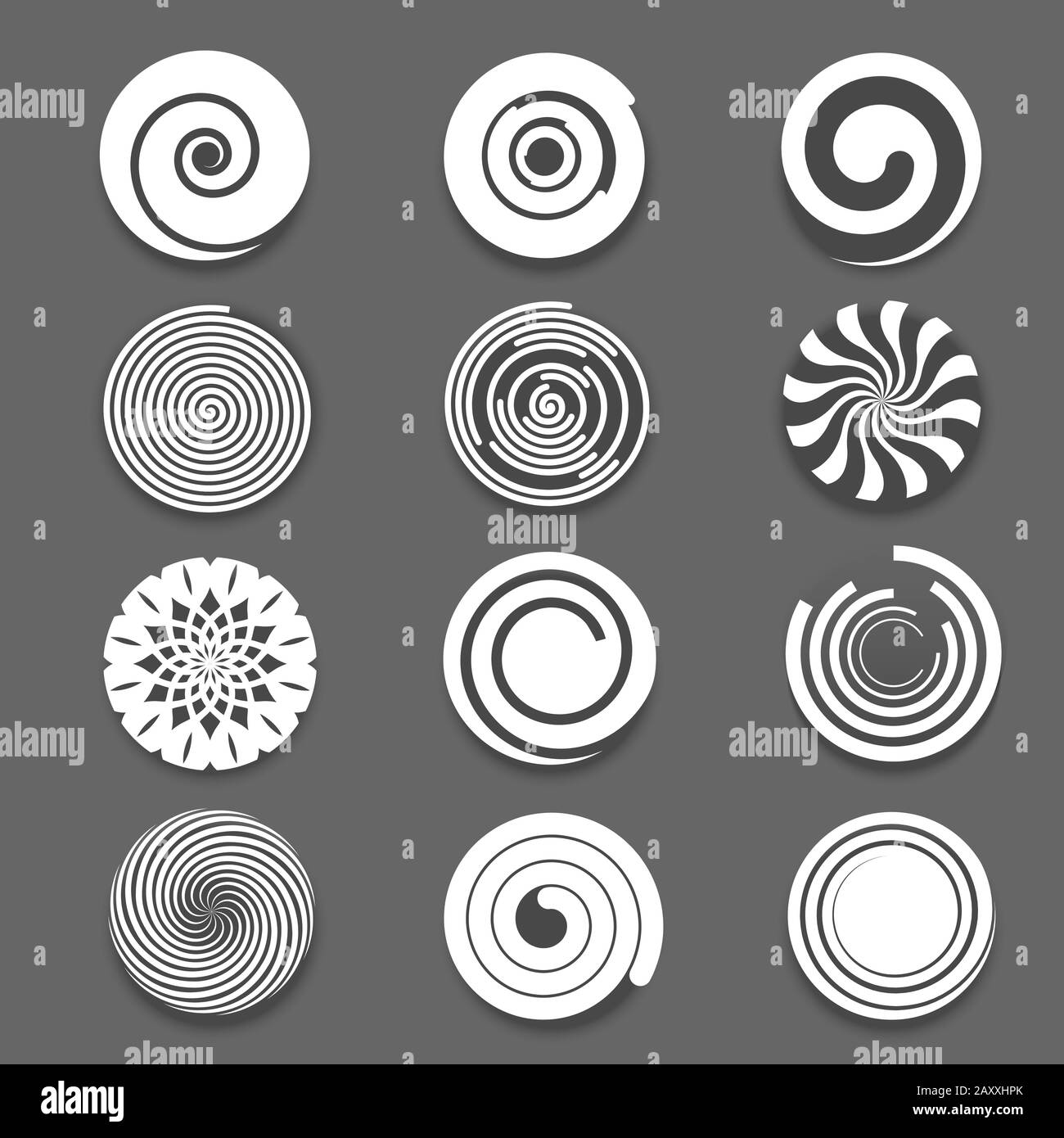 Motion spiral or swirl vector icons. Spinning white spiral and twist ...