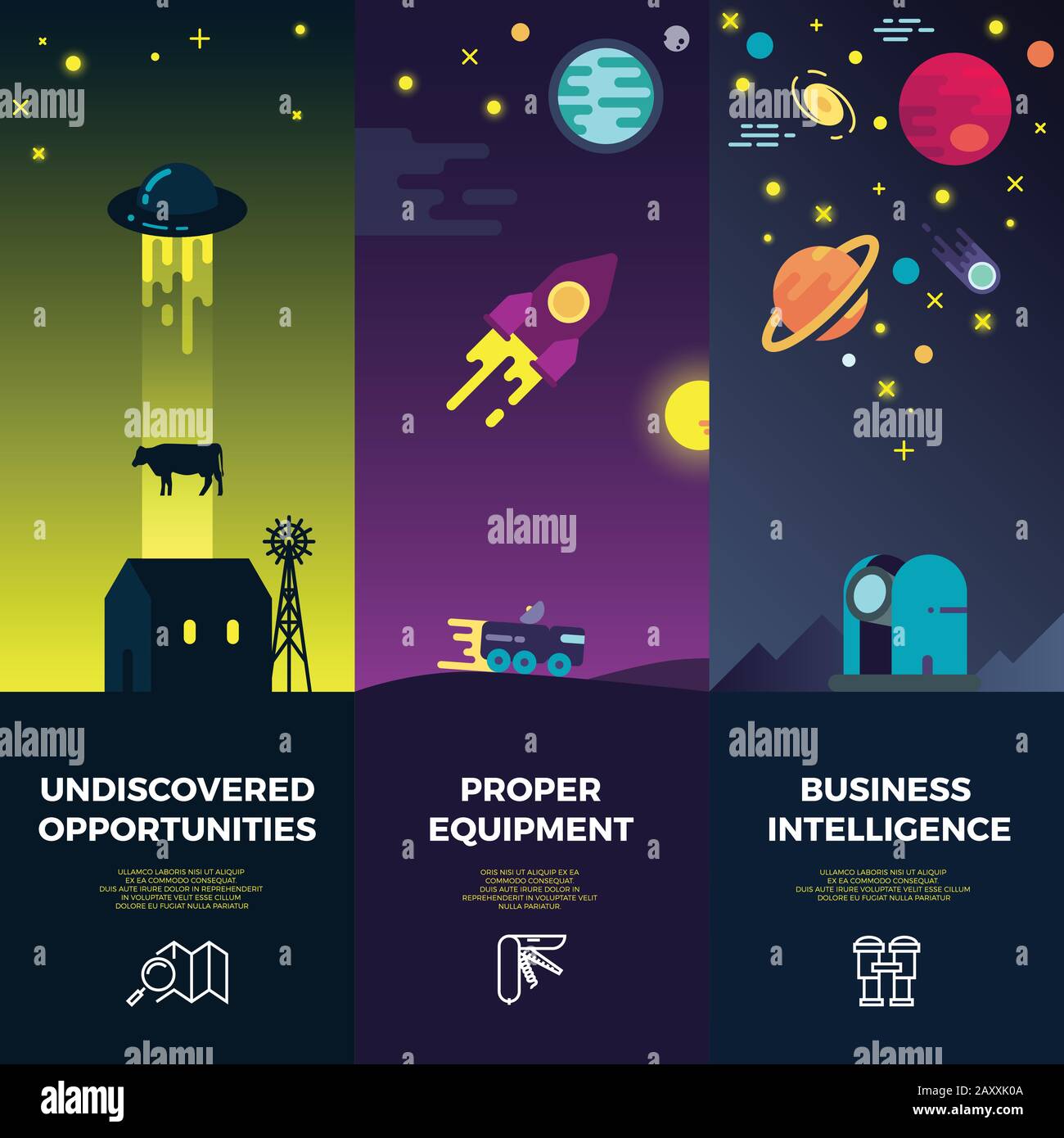 Space vector banners with flat astronomic and ufo icons and planets ...