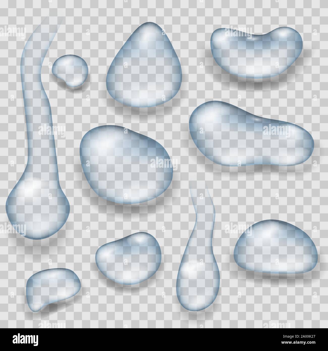 Realistic vector transparent water drops on checkered background. Drop ...