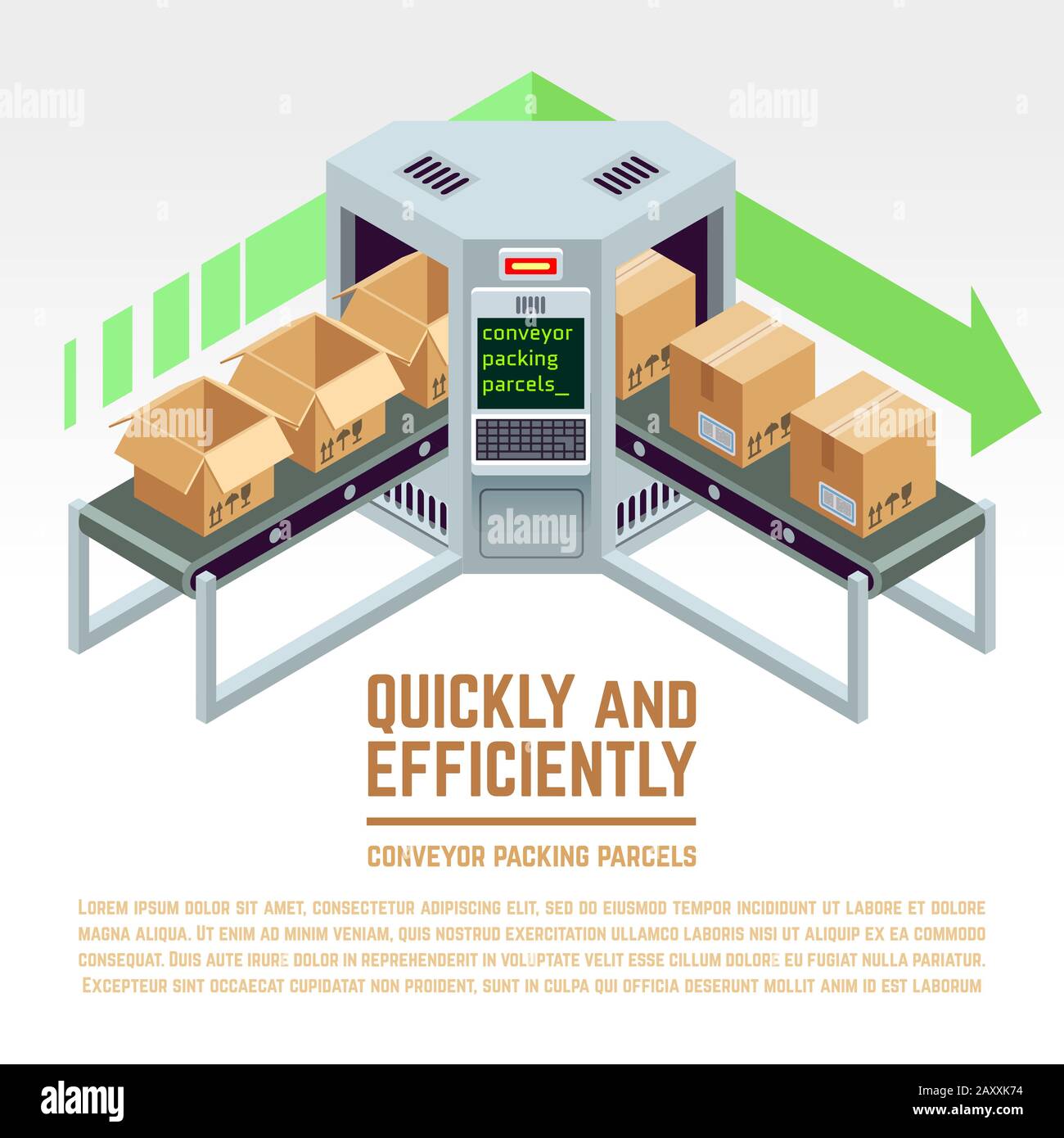 Conveyor packing parcels. Vector 3D isometric concept. Conveyor factory ...