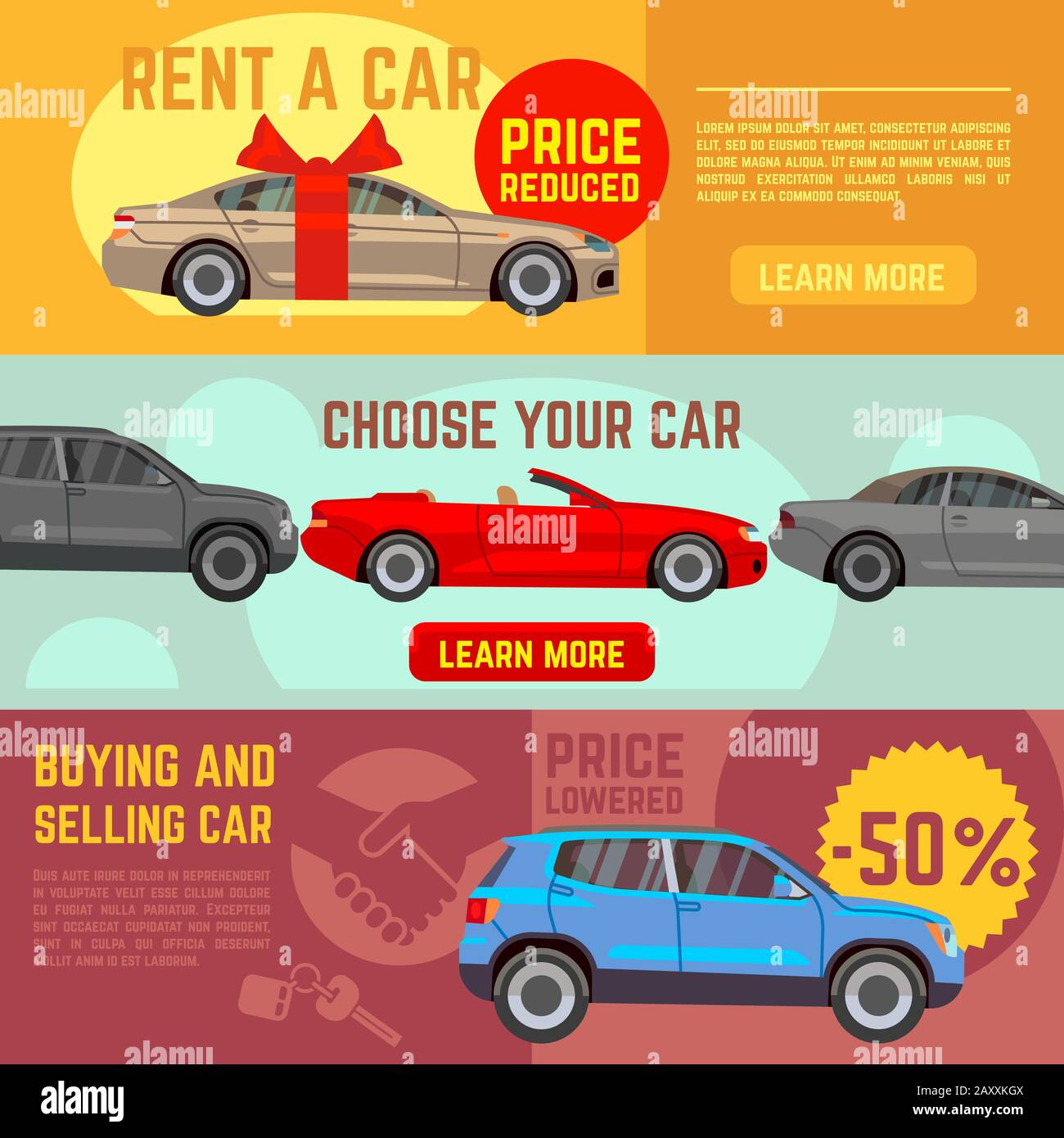 Buying and selling car vector banners set. Car sale, auto sale ...