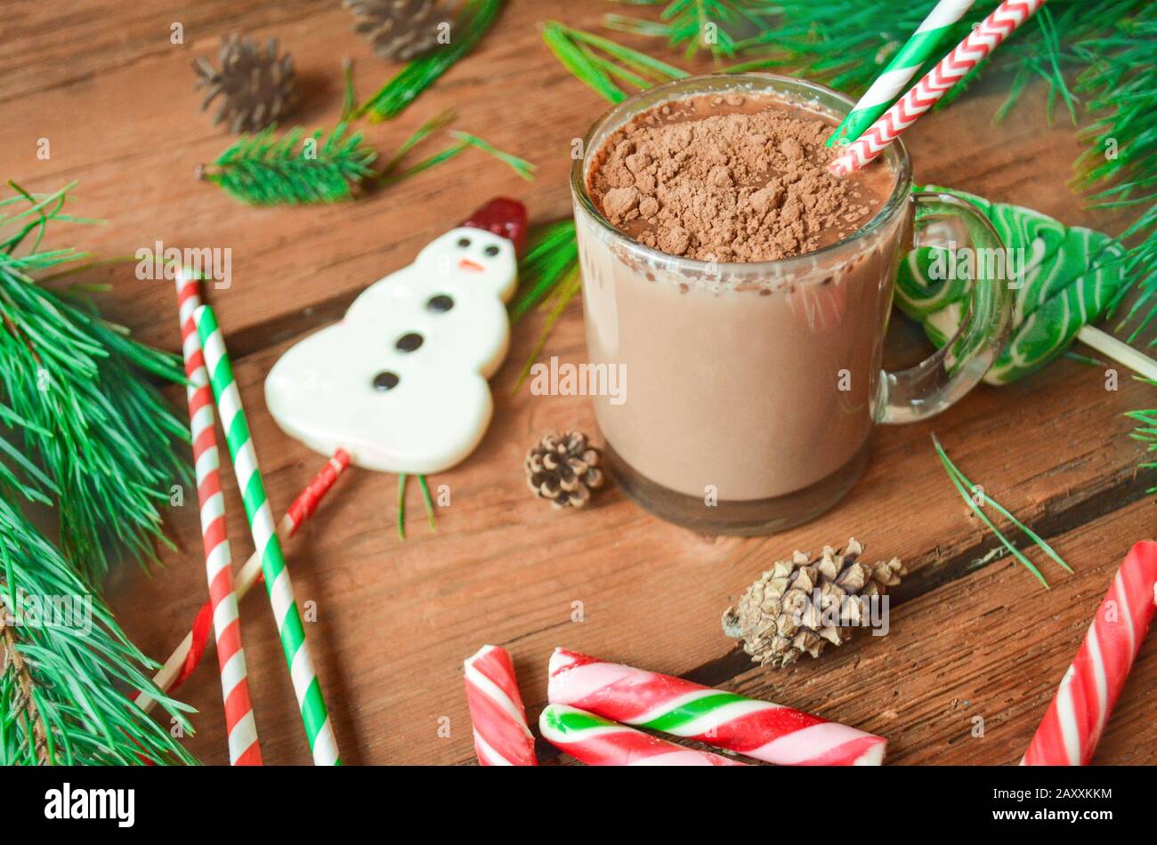 Hot chocolate in a mason jar. Christmas hot chocolate. Empty place for ...