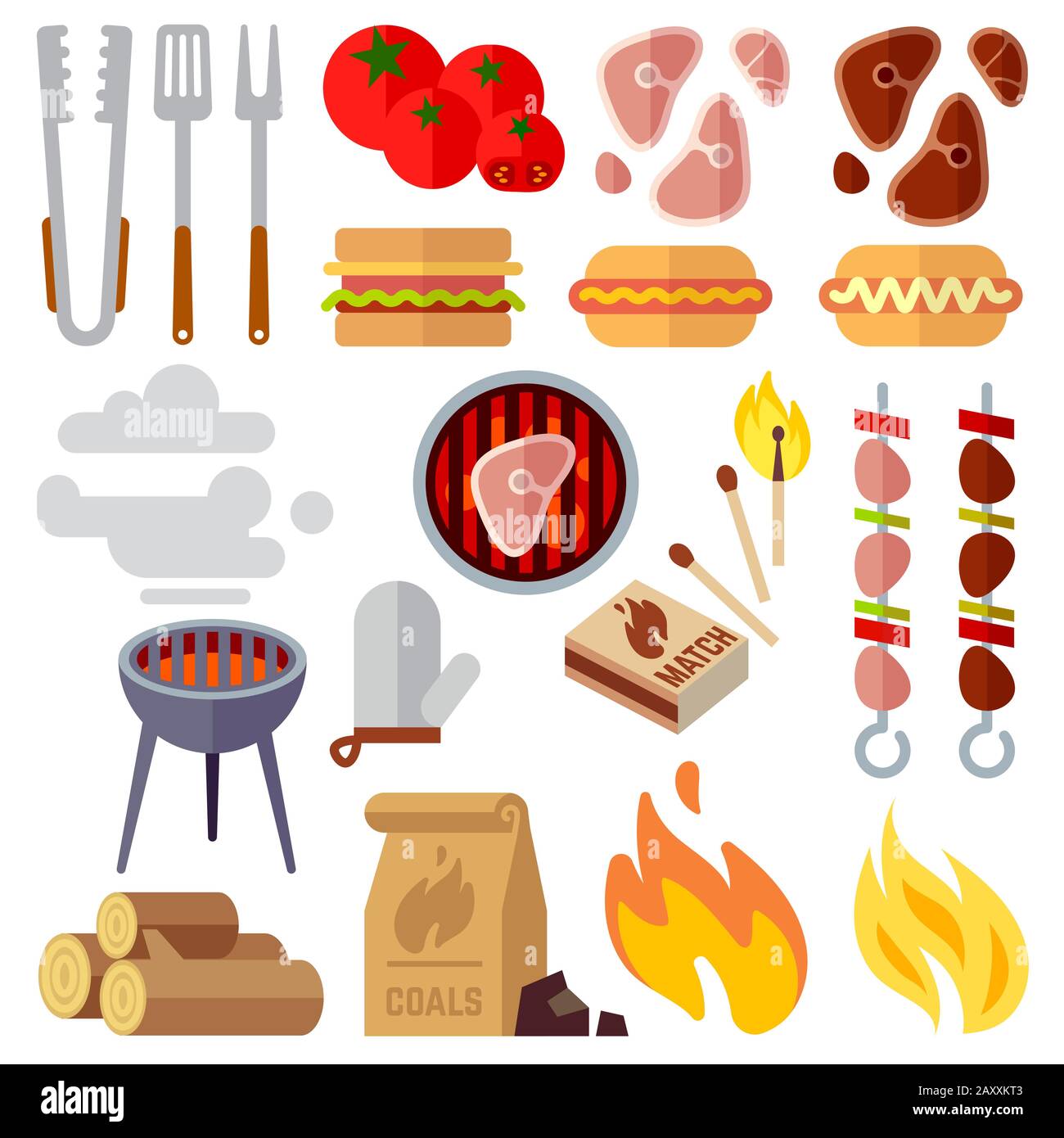 Summer picnic, barbecue and grilled food steak vector icons. Grill ...