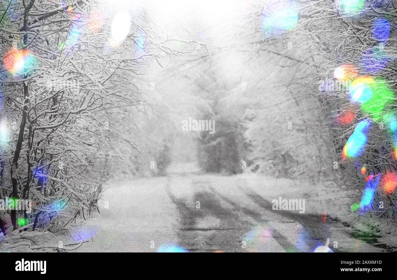 Snowy frozen winter road. Tire tracks in the snow. Snow covered winter ...