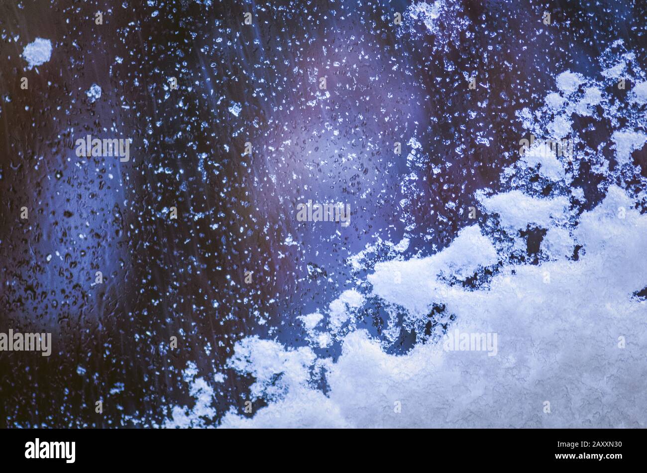 Winter frozen window glass. Texture frozen window glass. Blue frozen ...