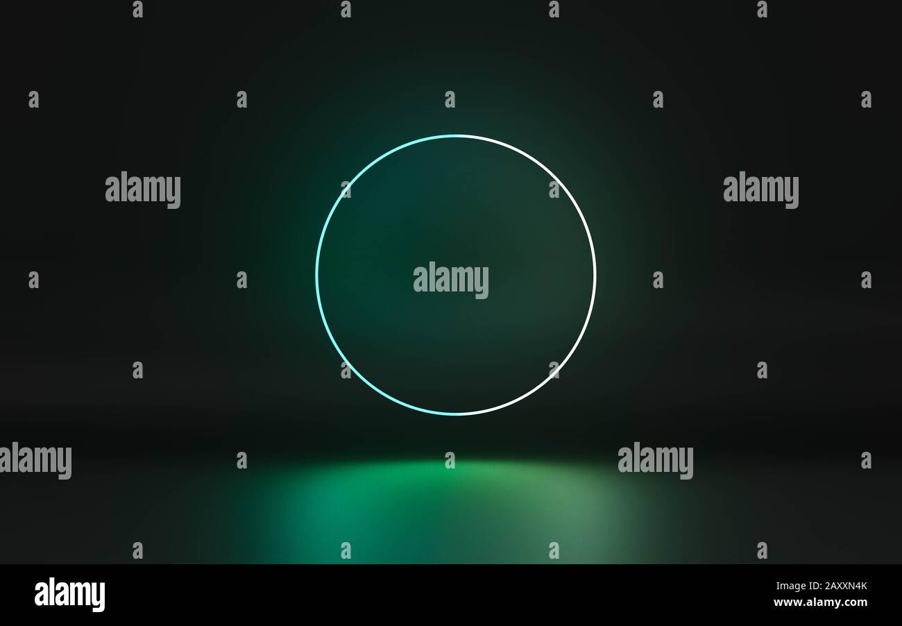 cyan neon light ring abstract dark background 3d render illustration ...