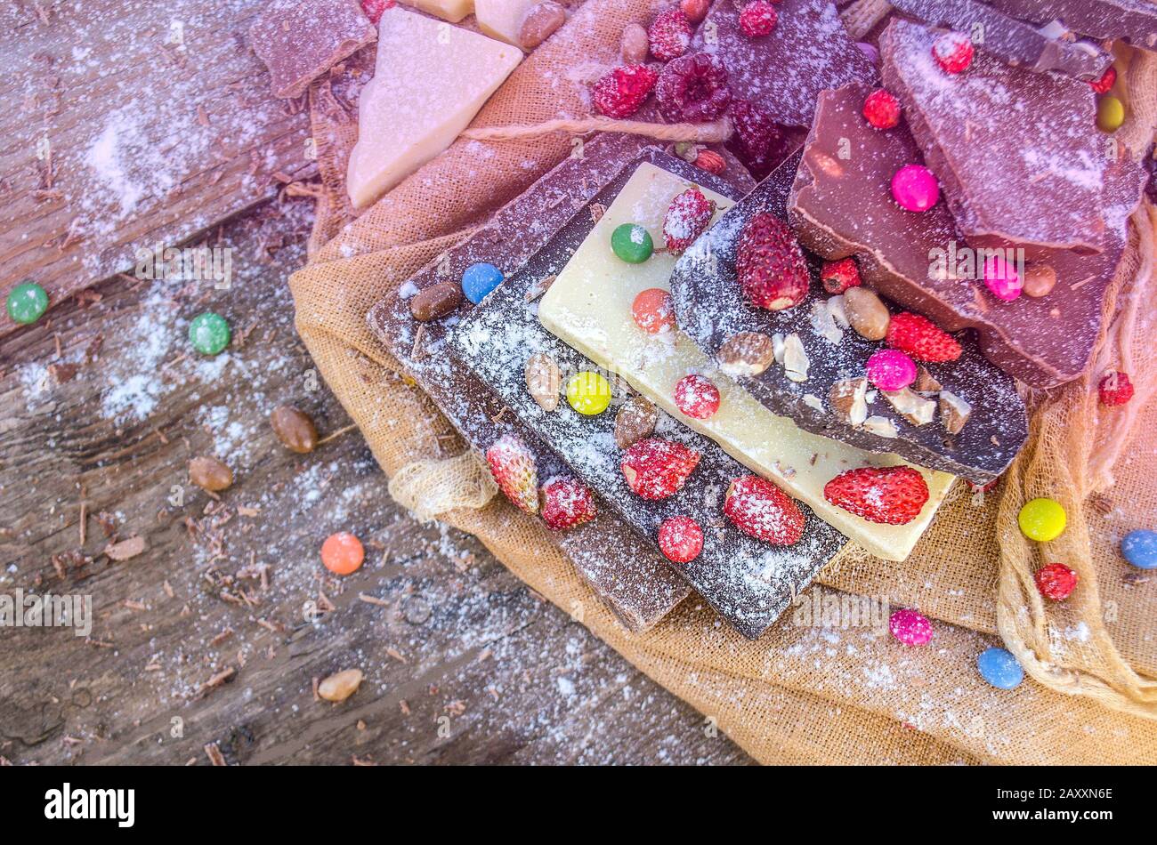Chocolate blocks stack with different kind of chocolate Stock Photo - Alamy