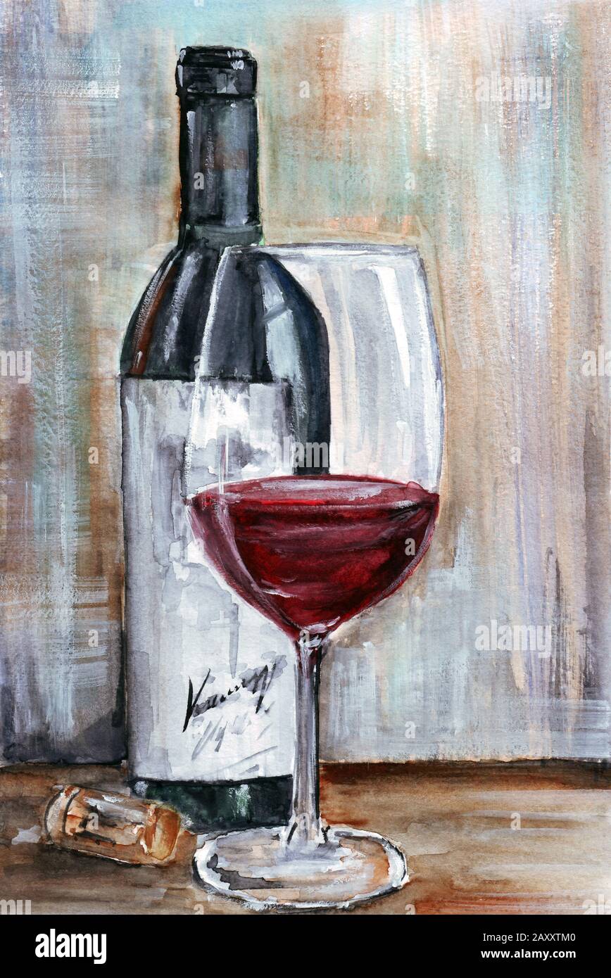 watercolor bottle red wine glass Stock Photo - Alamy