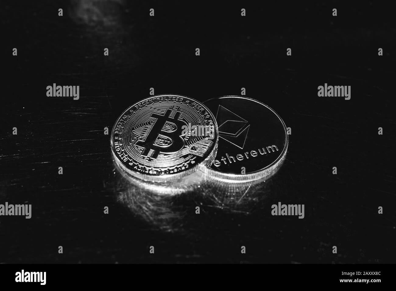 Bitcoin on a dark background. Ethereum and bitcoin rise and fall in ...