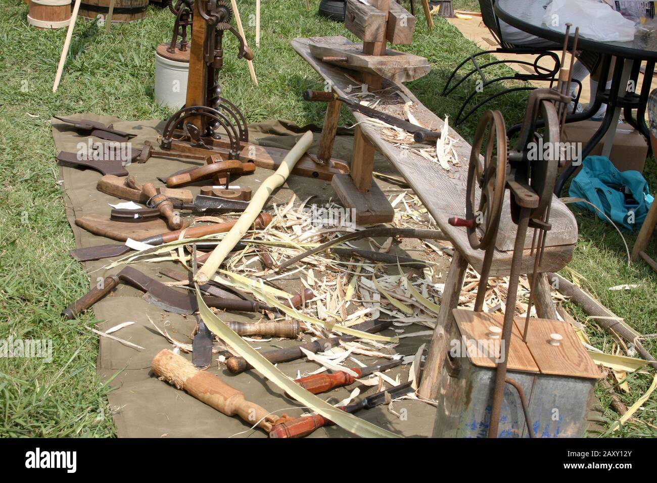 Carpenter's workbench and tools. Old style craft demonstration in ...