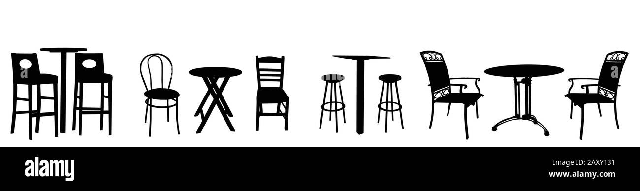 Tables and chairs silhouette on white background, vector illustration ...