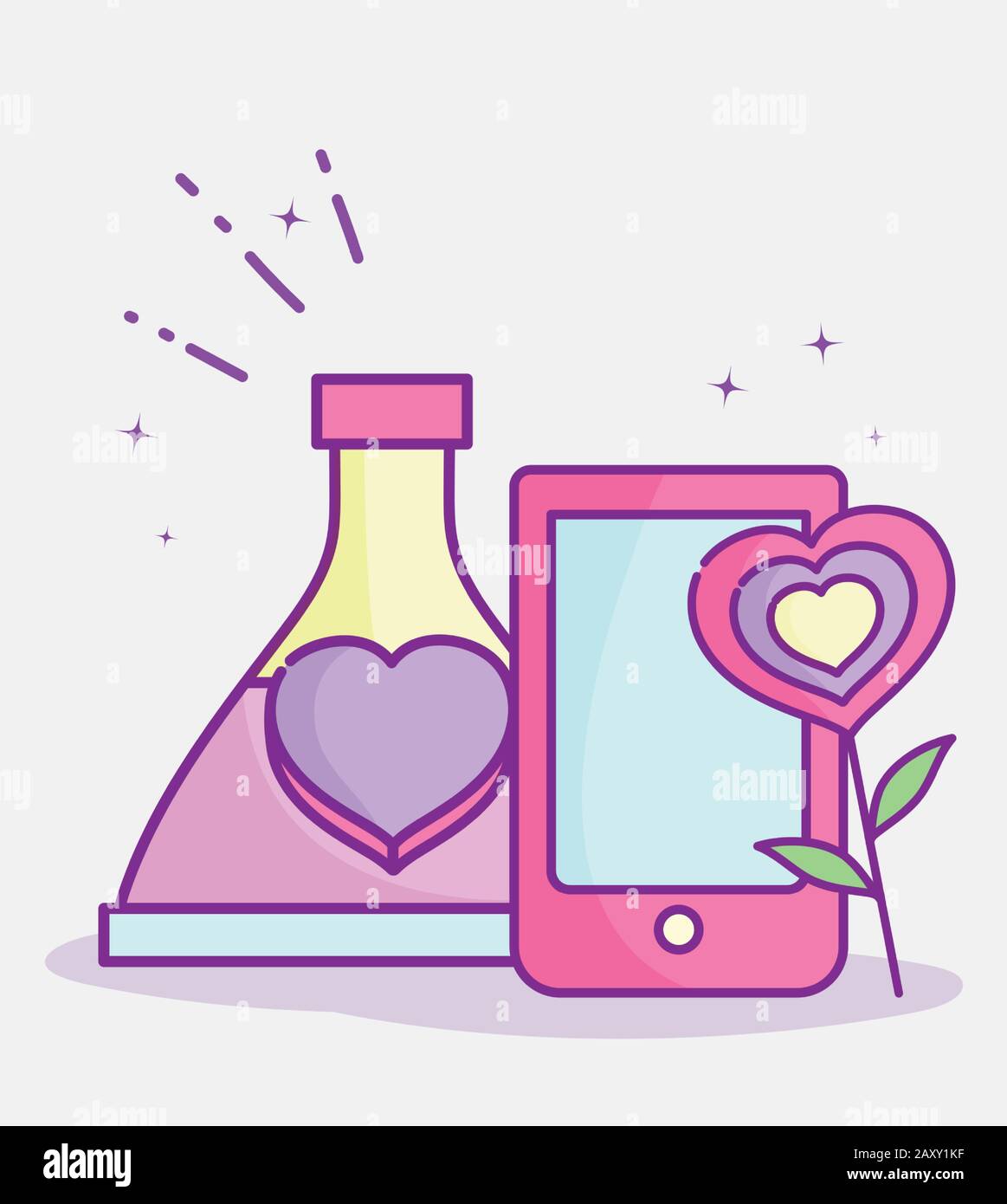 happy valentines day, smartphone love potion bottle and flower heart ...