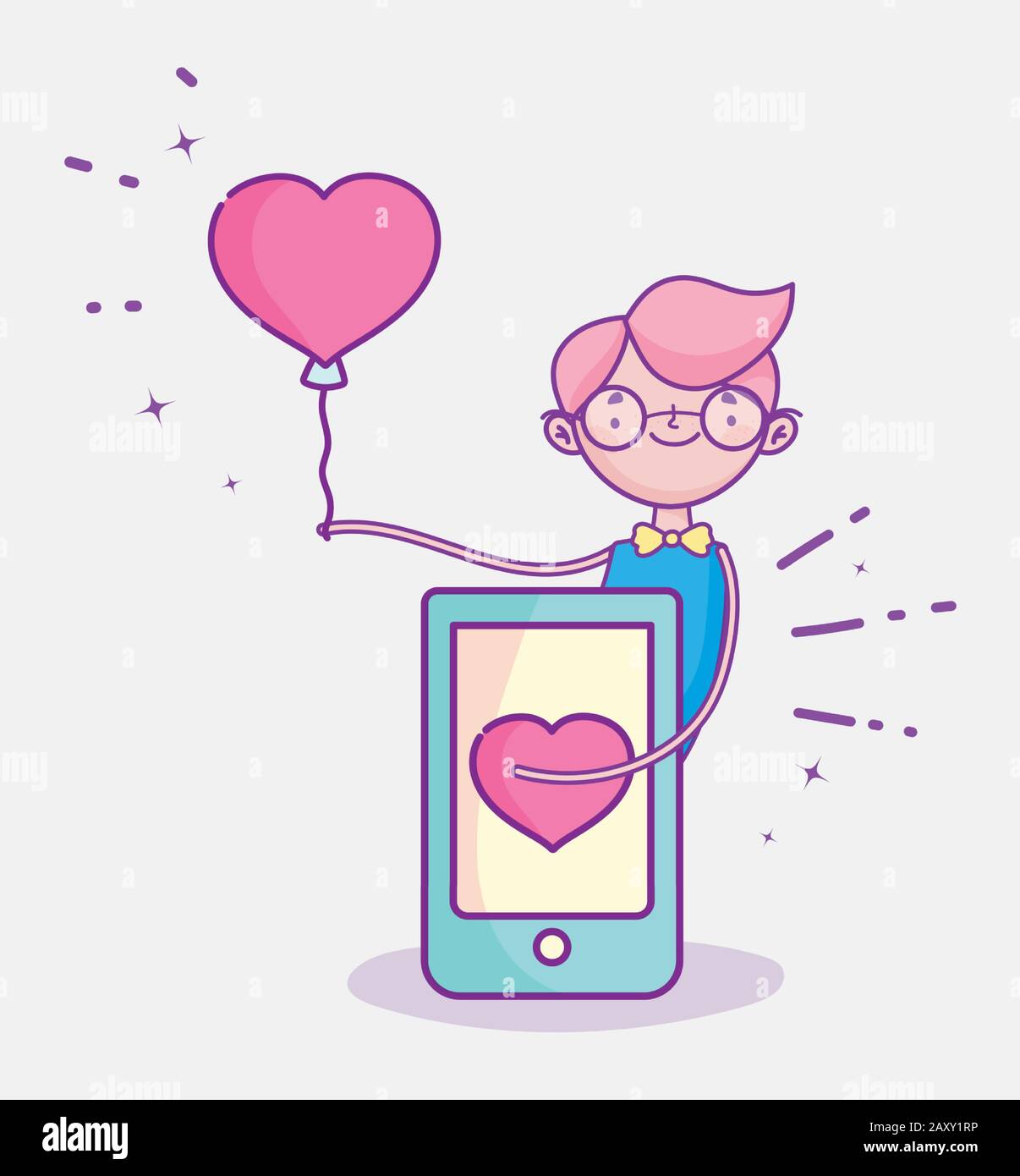 happy valentines day, boy with smartphone balloon celebration cartoon ...