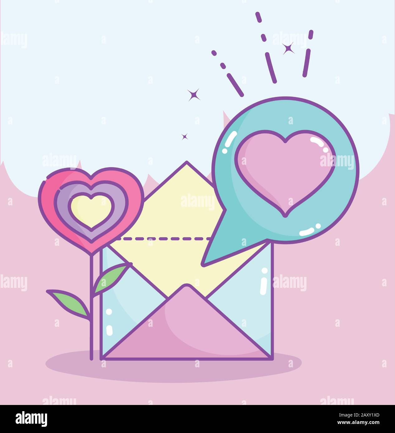 happy valentines day, flower shape heart mail letter message vector ...