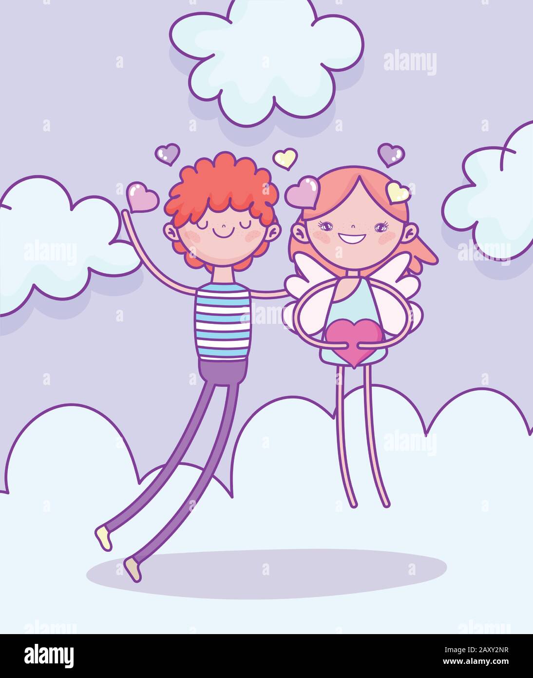 happy valentines day, boy with cupid holding heart love clouds vector ...