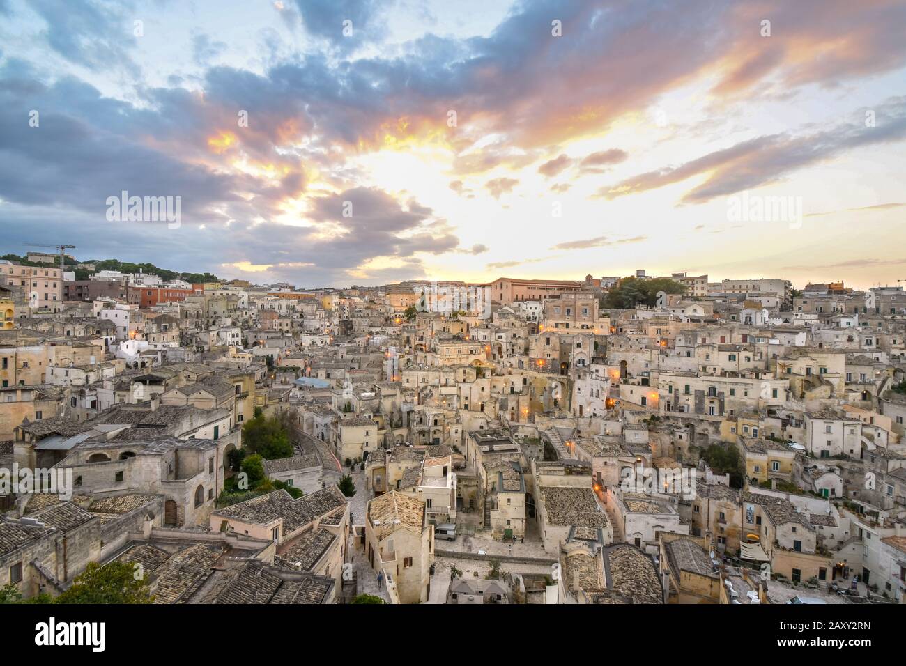 Late afternoon view of the ancient, medieval city of Matera, Italy, an ...